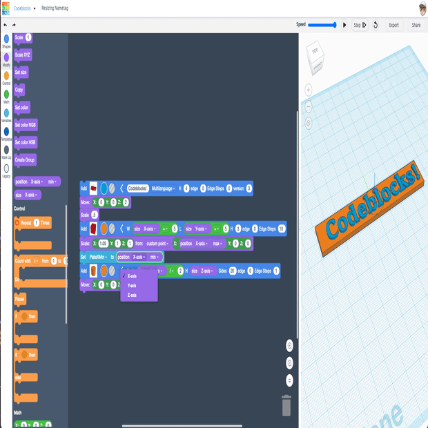 Tinkercad Codeblocks: Resizing Nametag - Tinkercad