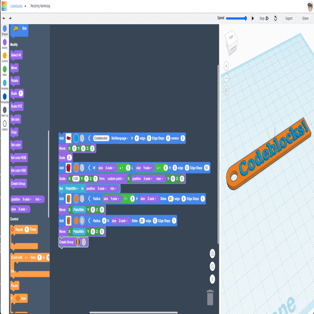 Tinkercad Codeblocks: Resizing Nametag - Tinkercad