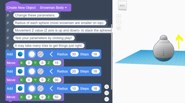 Tinkercad Codeblocks Snowman Challenge Tinkercad